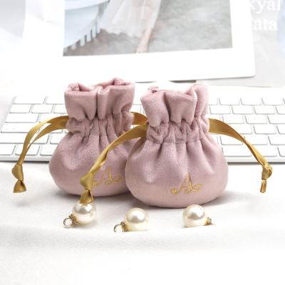China Custom Logo Pink Velvet Drawstring Bag 8x8 cm Luxury Jewelry Pouch for Gifts for sale