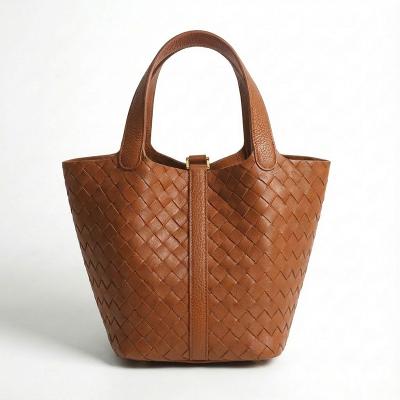 China Custom Leather Lunch Basket Bucket Bag Reusable Women Handbag 30x20cm for sale