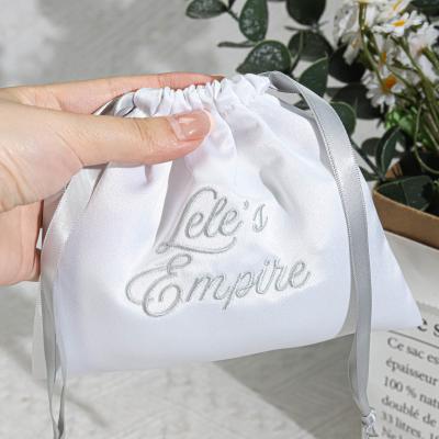 China White Satin Drawstring Dust Bag 20x25cm Custom Embroidery Logo Cosmetic Perfume Packing Pouch for sale