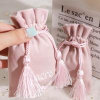 China Pink Velvet Jewelry Drawstring Pouch 10x15cm with Tassel Custom Logo Soft Gift Bag for sale