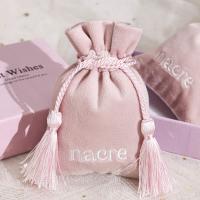 China Pink Velvet Jewelry Drawstring Pouch 10x15cm with Tassel Custom Logo Soft Gift Bag for sale