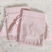China Pink Velvet Jewelry Drawstring Pouch 10x15cm with Tassel Custom Logo Soft Gift Bag for sale