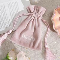 China Pink Velvet Jewelry Drawstring Pouch 10x15cm with Tassel Custom Logo Soft Gift Bag for sale