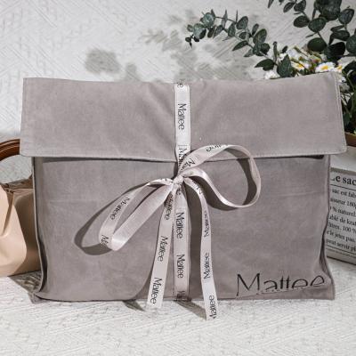 China Custom Grey Velvet Garment Envelope Pouch with Bow High End Suede Gift Bag 8x10 Inch for sale