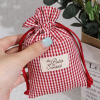 China Reusable Red Plaid Cotton Drawstring Packing Bag with Fabric Label 20x25cm for Perfume Storage for sale