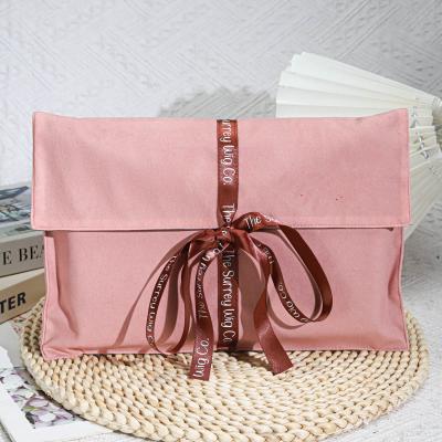 China Luxury Pink Suede Gift Envelope Packing Bag With Ribbon Customized Velvet Book Clothing Storage Envelope Pouch With Satin Lining for sale