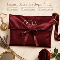 China Luxury Burgundy Satin Envelope Gift Pouch For Clothing Wig Book Custom Logo Printed Satin Envelope Packing Bag for sale
