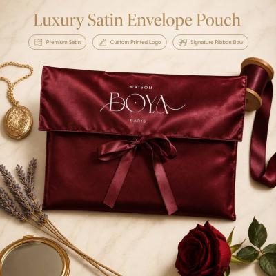 China Luxury Burgundy Satin Envelope Gift Pouch For Clothing Wig Book Custom Logo Printed Satin Envelope Packing Bag for sale