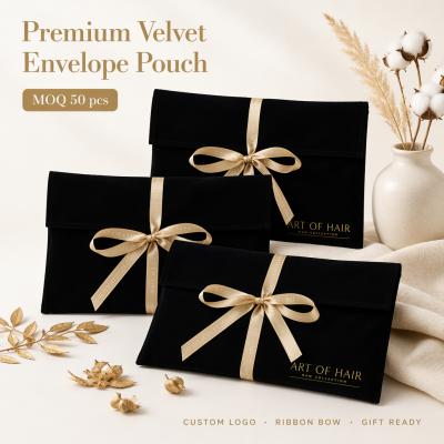 China Custom Logo Printed Suede Envelope Gift Packaging Pouch Luxury Black Velvet Clothing Book Hair Extension Storage Flap Bag for sale