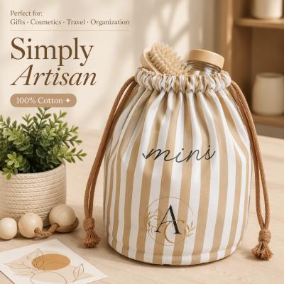 China Reusable Striped Cotton Candle Wine Bottle Storage Drawstring Bag Custom Logo Printing Cotton Gift Packing Pouch for sale
