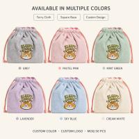 China Customized Thick Terry Packaging Drawstring Pouch With Embroidery Logo Gray Square Bottom Terry Drawstring Makeup Bag for sale