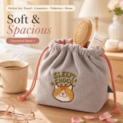 China Customized Thick Terry Packaging Drawstring Pouch With Embroidery Logo Gray Square Bottom Terry Drawstring Makeup Bag for sale