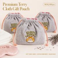 China Customized Thick Terry Packaging Drawstring Pouch With Embroidery Logo Gray Square Bottom Terry Drawstring Makeup Bag for sale