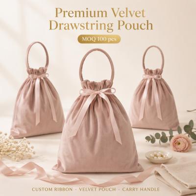 China Custom Velvet Drawstring Packaging Pouch With Handle Pink Soft Velvet Underwear Handbag Drawstring Dust Bag for sale