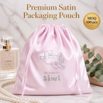 China Custom Logo Printed Satin Drawstring Dust Bag For Underwear Cosmetic Pink Satin Drawstring Apparel Storage Pouch for sale