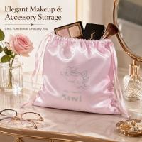 China Custom Logo Printed Satin Drawstring Dust Bag For Underwear Cosmetic Pink Satin Drawstring Apparel Storage Pouch for sale