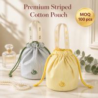 China Custom Vertical Striped Cotton Drawstring Dust Bag With Handle Round Bottom Cotton Candle Wine Packing Drawstring Pouch With Embroidery Logo for sale