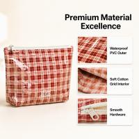 China Waterproof Pvc Cosmetic Zipper Pouch With Cotton Lining Custom Embroidery Logo Plaid Cotton Makeup Zipper Bag for sale