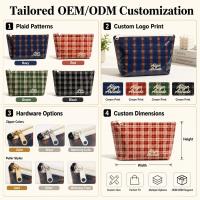 China Waterproof Pvc Cosmetic Zipper Pouch With Cotton Lining Custom Embroidery Logo Plaid Cotton Makeup Zipper Bag for sale