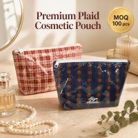 China Waterproof Pvc Cosmetic Zipper Pouch With Cotton Lining Custom Embroidery Logo Plaid Cotton Makeup Zipper Bag for sale