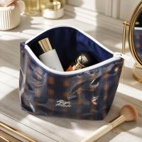 China Waterproof Pvc Cosmetic Zipper Pouch With Cotton Lining Custom Embroidery Logo Plaid Cotton Makeup Zipper Bag for sale