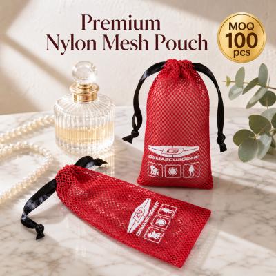 China Custom Logo Printing Nylon Mesh Drawstring Dust Bag For Toiletries Red Nylon Candle Soap Storage Drawstring Pouch for sale