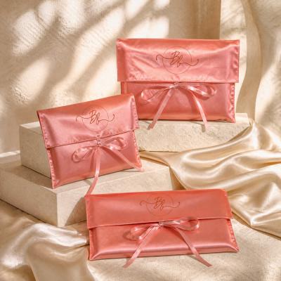 China Premium Rose pink Satin Envelope Packing Bag for Wig Lingerie Scarf Custom logo Printing Satin Clothing Envelope Gift Pouch for sale