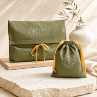 China Custom Logo Flap Cover Gift Bag with Ribbon Tie and Matching Drawstring Pouch for Tableware Event Packaging Wholesale OEM for sale