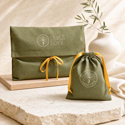 China Custom Logo Flap Cover Gift Bag with Ribbon Tie and Matching Drawstring Pouch for Tableware Event Packaging Wholesale OEM for sale