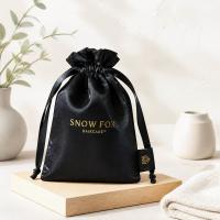 China Custom Matte Satin Drawstring Cosmetic Pouch With Fabric Label Luxury Black Satin Drawstring Packaging Bag For Perfume Jewelry for sale