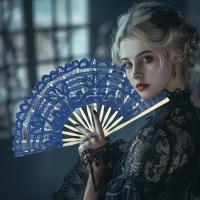 China Bamboo Hand Fan 27cm Closed Length 49.5cm Opened Width Lace Printed Chinese Folding Fan for Weddings Festivals for sale
