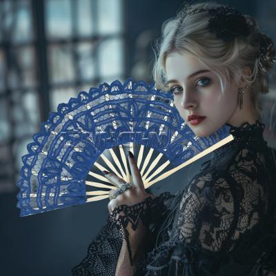 China Bamboo Hand Fan 27cm Closed Length 49.5cm Opened Width Lace Printed Chinese Folding Fan for Weddings Festivals for sale