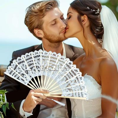 China 27cm Lace Bamboo Folding Hand Fan with Tassel - 49.5cm Opened Width, 55g Lightweight Wedding Gift for sale