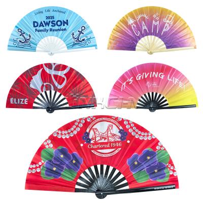 China 33x66cm Custom Printed Bamboo Hand Fan with Glitter Fabric - 130g Large Rave Fan for Events and Promotions for sale