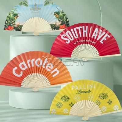 China Custom Logo Traditional Chinese Folding Hand Fan 21cm x 38cm Bamboo Silk Cloth for Wedding Souvenirs for sale
