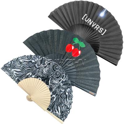 China Custom Printed Bamboo Wooden Folding Hand Fan 23cm x 42cm with Personalized Logo for Events and Promotions for sale