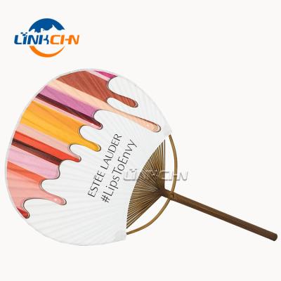 China Handmade Paper Paddle Bamboo Circular Fan 35x22cm 40g Custom Design Gift Packaging for sale