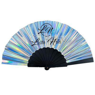 China Black Plastic Folding Hand Fan 23cm x 42cm with Custom Logo Printing for Promotional Events for sale