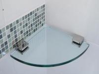 China Customized Bathroom Stainless Steel Shower Shelf with Rail and Tempered Glass Corner for sale