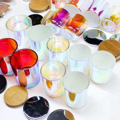 China Unique White Frosted Custom Small Double Wall Amber Empty Glass Luxury Iridescent Candle Vessel for sale