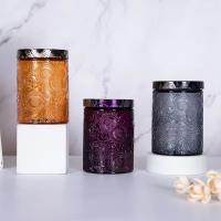China 8.5cm X 12cm 500ml Empty Straight Round Embossed Glass Candle Jars With Screw Colorful Metal Lid for sale
