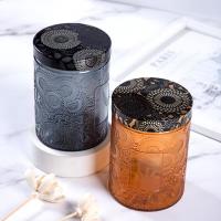 China 8.5cm X 12cm 500ml Empty Straight Round Embossed Glass Candle Jars With Screw Colorful Metal Lid for sale