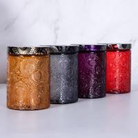 China 8.5cm X 12cm 500ml Empty Straight Round Embossed Glass Candle Jars With Screw Colorful Metal Lid for sale