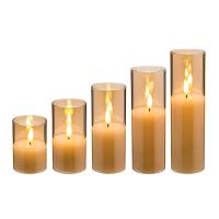 China 3D Real Flame Home Decoration Pillar Remote Control Golden Glass LED Candles for sale