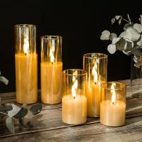 China 3D Real Flame Home Decoration Pillar Remote Control Golden Glass LED Candles for sale