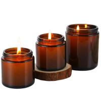 China Decorative Apothecary Round Empty 200ml 300ml 400ml 16oz Matte Amber Glass Candle Jar With Wooden Lids for sale
