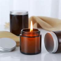 China Decorative Apothecary Round Empty 200ml 300ml 400ml 16oz Matte Amber Glass Candle Jar With Wooden Lids for sale