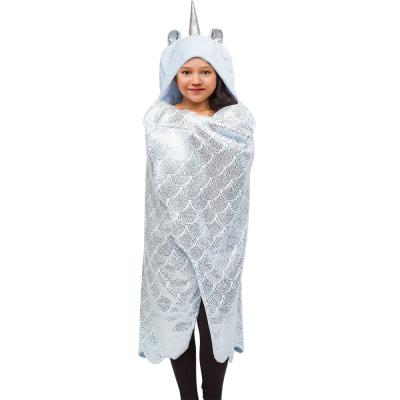 China Unicorn Gold Foil Fluffy Micro Flannel Wearable Hooded Blanket for sale