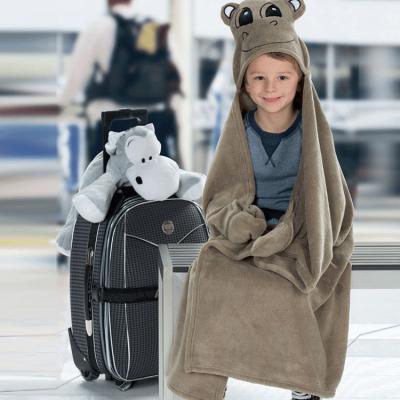 China Grey Flannel Hoodie Blanket Microfiber Hippo Cartoon Throw Blanket for sale