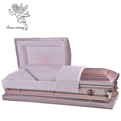 China Adult Funeral Metal Casket, Metallic Rose Gold Surface, Pink Pleated Linen Set for sale